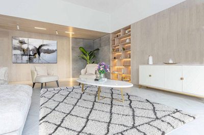 Modern Cream Geometric Marrakesh Shaggy Area Rug, Deep Pile Fluffy ...