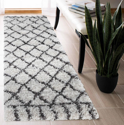Modern Cream Geometric Marrakesh Shaggy Area Rug, Deep Pile Fluffy ...