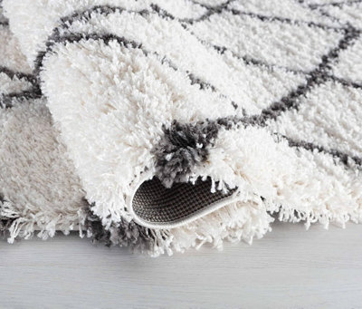 Modern Cream Geometric Marrakesh Shaggy Area Rug, Deep Pile Fluffy ...