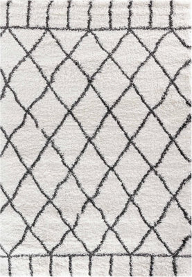 Modern Cream Geometric Marrakesh Shaggy Area Rug, Deep Pile Fluffy ...