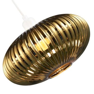 Modern Designer Shiny Gold Plated Line Ribbed Glass Oval Pendant Lamp Shade