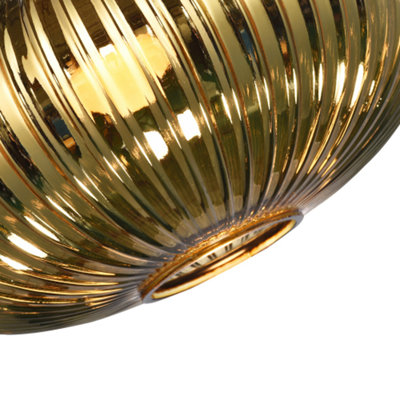 Modern Designer Shiny Gold Plated Line Ribbed Glass Oval Pendant Lamp Shade