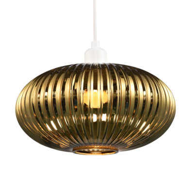 Modern Designer Shiny Gold Plated Line Ribbed Glass Oval Pendant Lamp Shade