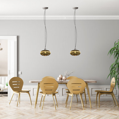 Modern Designer Shiny Gold Plated Line Ribbed Glass Oval Pendant Lamp Shade