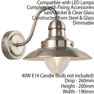 Modern Dimmable Wall Light Satin Nickel & Glass Shade Curved Arm Lamp ...