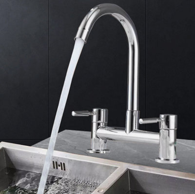 Modern Dual Lever Chrome Kitchen Sink Mixer Taps 2 Hole Deck Mounted ...