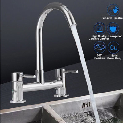 Modern Dual Lever Chrome Kitchen Sink Mixer Taps 2 Hole Deck Mounted ...