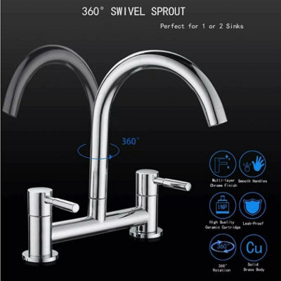 Modern Dual Lever Chrome Kitchen Sink Mixer Taps 2 Hole Deck Mounted ...