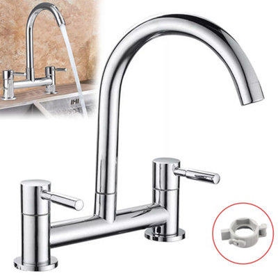 Modern Dual Lever Chrome Kitchen Sink Mixer Taps 2 Hole Deck Mounted ...