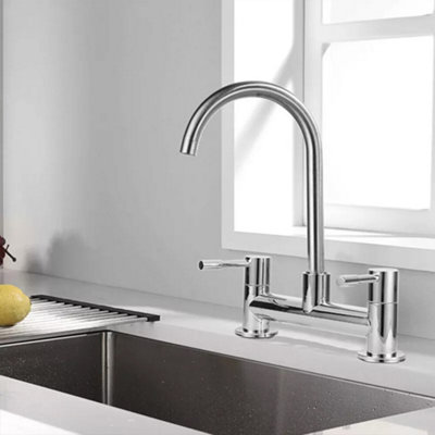 Modern Dual Lever Chrome Kitchen Sink Mixer Taps 2 Hole Deck Mounted ...
