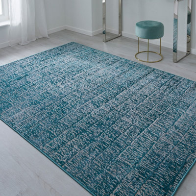 Modern Easy to Clean Abstract Teal Rug for Dining Room-80cm X 150cm