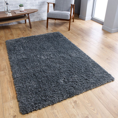 Modern Easy to Clean Charcoal Plain Shaggy Rug for Living Room ...