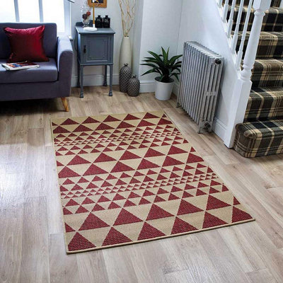 Modern Easy to Clean Flatweave Anti-Slip Geometric Red Rug for Dining ...