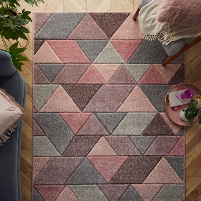 Modern Easy to Clean Geometric Pink Rug for Dining Room-160cm X 230cm ...