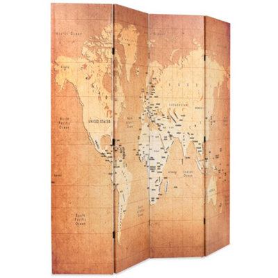 Modern Folding Room Divider 160x170 cm World Map Yellow