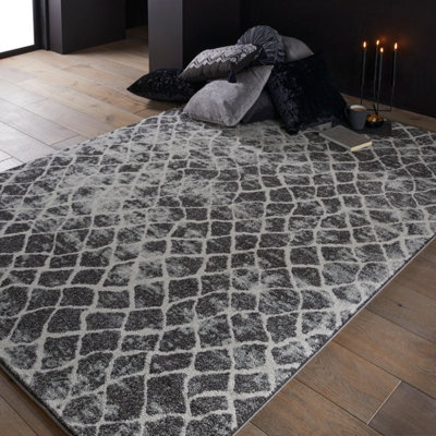 Modern Geometric Easy to Clean Grey Contemporary Rug for Bedroom Living ...