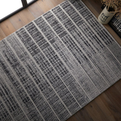 Modern Geometric Easy to Clean Grey Striped Rug for Bedroom Living Room ...