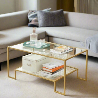 Modern Glass Coffee Table with Storage and Gold Steel Frame, Tempered ...