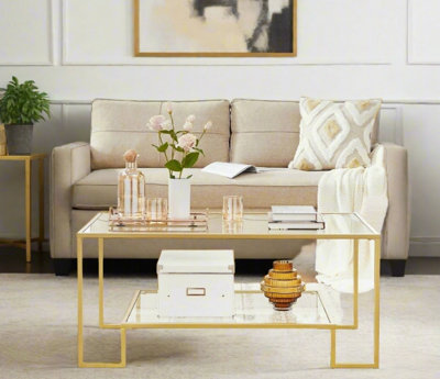 Modern Glass Coffee Table with Storage and Gold Steel Frame, Tempered ...