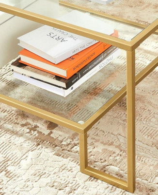 Modern Glass Coffee Table with Storage and Gold Steel Frame, Tempered ...