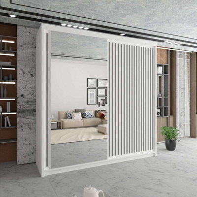 MODERN GROOVED SLIDING MIRROR WARDROBE WITH LED LIGHT WHITE/GREY 150CM
