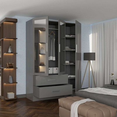 Modern High Gloss and Mirror 3 Door Hinged Wardrobe with Hanging Rail ...