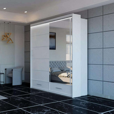 Modern High Gloss and Mirrored Sliding Wardrobe White 150cm