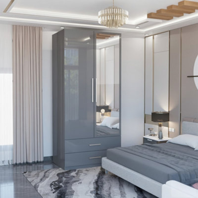Modern High Gloss Double Door Hinged Wardrobe with Drawers (Black 80cm)
