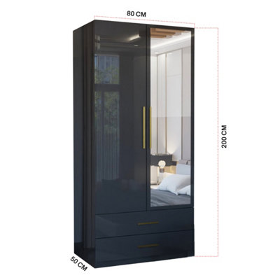 Modern High Gloss Double Door Hinged Wardrobe with Drawers (Black 80cm)
