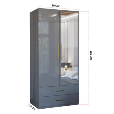 Modern High Gloss Double Door Hinged Wardrobe with Drawers (Grey 80cm)