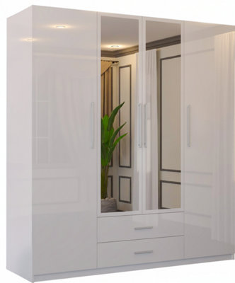 Modern High-Gloss Mirrored Hinged Door Wardrobe with Storage Drawers ...