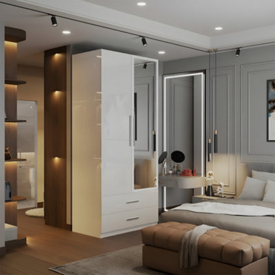 Modern High Gloss Mirrored Hinged Door Wardrobe with Storage Drawers ...