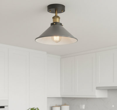 Modern Industrial Semi Flush Mount Ceiling Light Grey Metal 22cm Cone ...