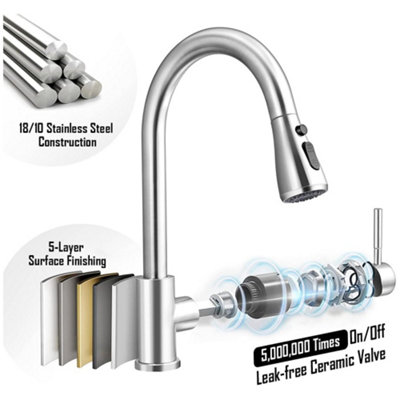 Modern Kitchen Mixer Tap with Pull Out Spray Spout & Single Lever - Chrome