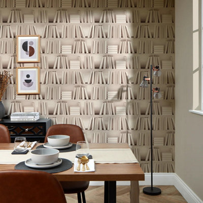 Modern Library Wallpaper In Cream | DIY at B&Q