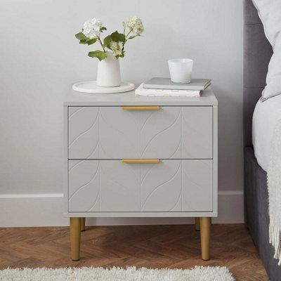 Modern Light Grey 2-Drawer Bedside Table with Brass Effect - Bedside ...