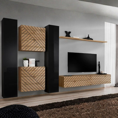 Modern Living Room Wall Unit SWITCH LAMEL VI Black Gloss with Wotan