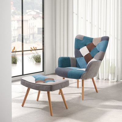 Modern Multicoloured Wing Back Armchair and Footstool Set with Solid ...