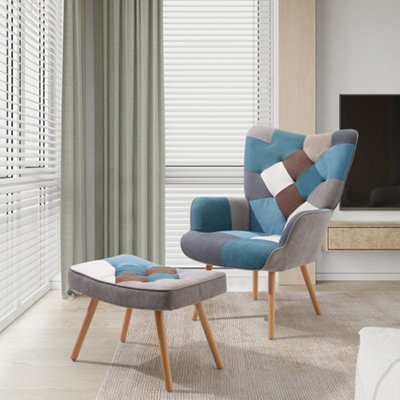 Modern Multicoloured Wing Back Armchair and Footstool Set with Solid ...
