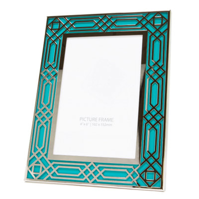 Modern Nickel Plated Metal and Teal Blue Glass 4x6 Freestanding Picture ...