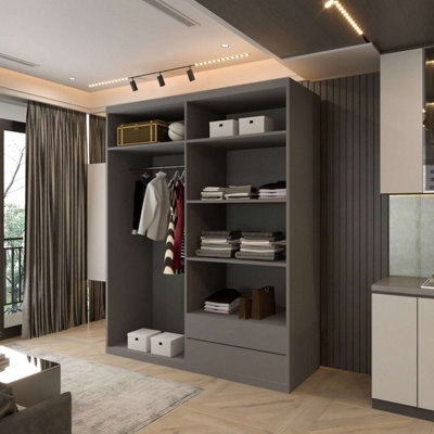Modern Panelled Sliding Mirror Wardrobe with LED Light & Door Trim Grey ...