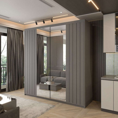 Modern Panelled Sliding Mirror Wardrobe with LED Light & Door Trim Grey ...