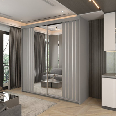 MODERN PANELLED SLIDING MIRROR WARDROBE WITH LED LIGHT & DOOR TRIM GREY ...
