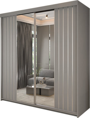 Modern Panelled Sliding Mirror Wardrobe with LED Light & Door Trim Grey ...