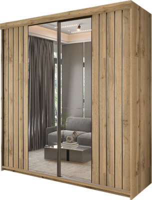 Modern Panelled Sliding Mirror Wardrobe with LED Light & Door Trim Oak ...