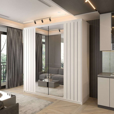 Modern Panelled Sliding Mirror Wardrobe with LED Light & Door Trim ...