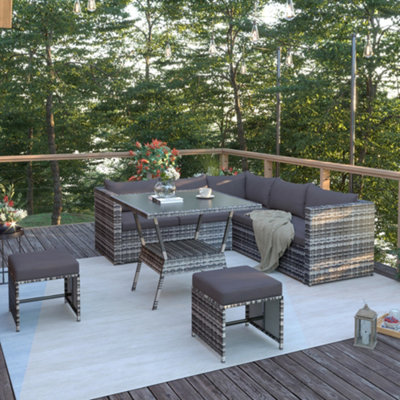 Modern Rattan Outdoor Garden Patio Corner Sofa Dining Set with Dining ...