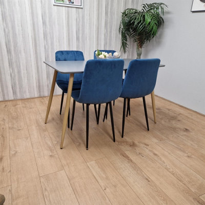 Modern Rectangle Dark Grey Dining Table Set With 4 Blue Velvet Chairs ...