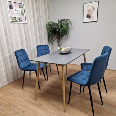 Modern Rectangle Dark Grey Dining Table Set With 4 Blue Velvet Chairs ...