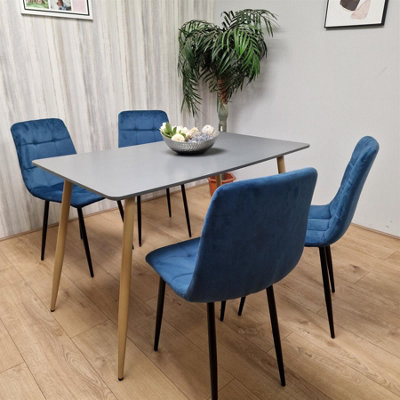 Modern Rectangle Dark Grey Dining Table Set With 4 Blue Velvet Chairs ...
